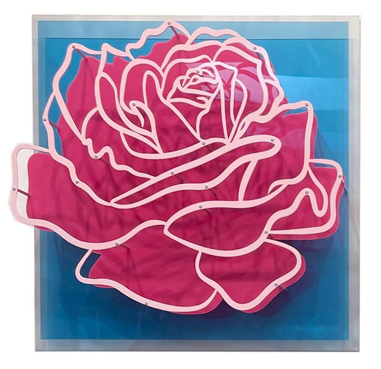 Michael Kalish - Acrylic Glass Rose - Pink on Blue For Sale at 1stDibs