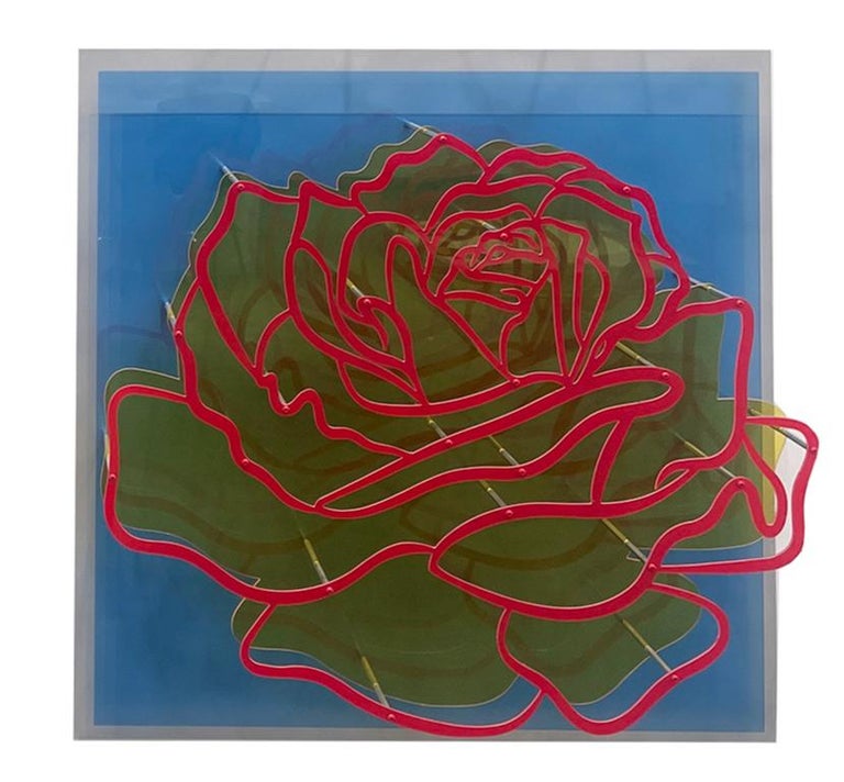 Michael Kalish - Acrylic Glass Rose - Red on Blue For Sale at 1stDibs