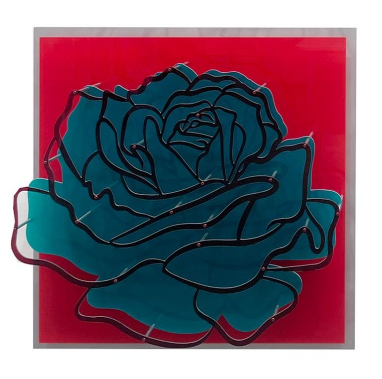 Michael Kalish - Acyrlic Glass Rose - Teal on Red For Sale at 1stDibs