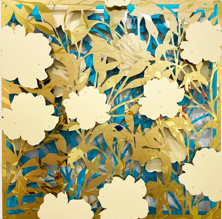 Michael Kalish - Floral Abstract Mirror Gold on Seaside Blue For Sale ...