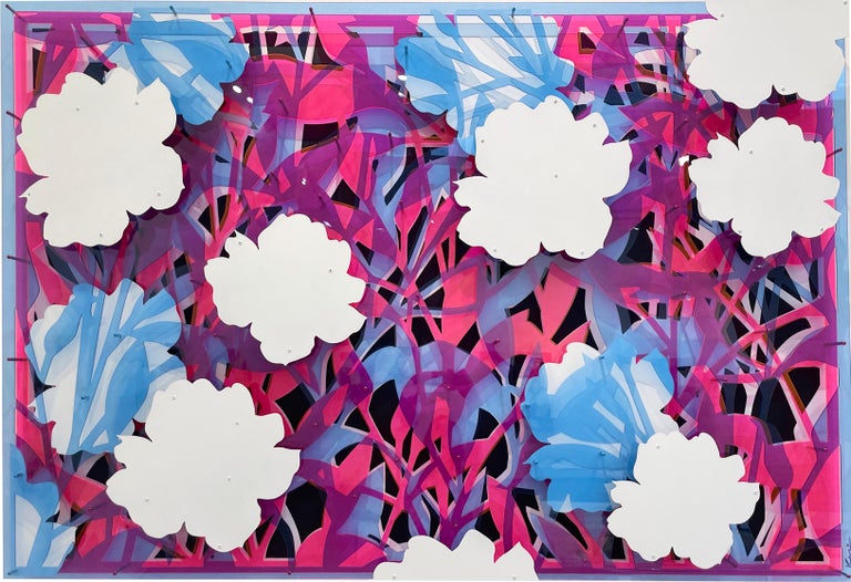 Michael Kalish - Floral Abstract Neon Blue on Neon Pink For Sale at 1stDibs