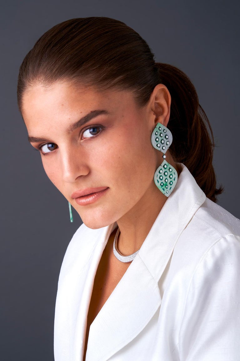 Michael Titanium Jade and Diamond Drop Earrings For Sale at 1stDibs