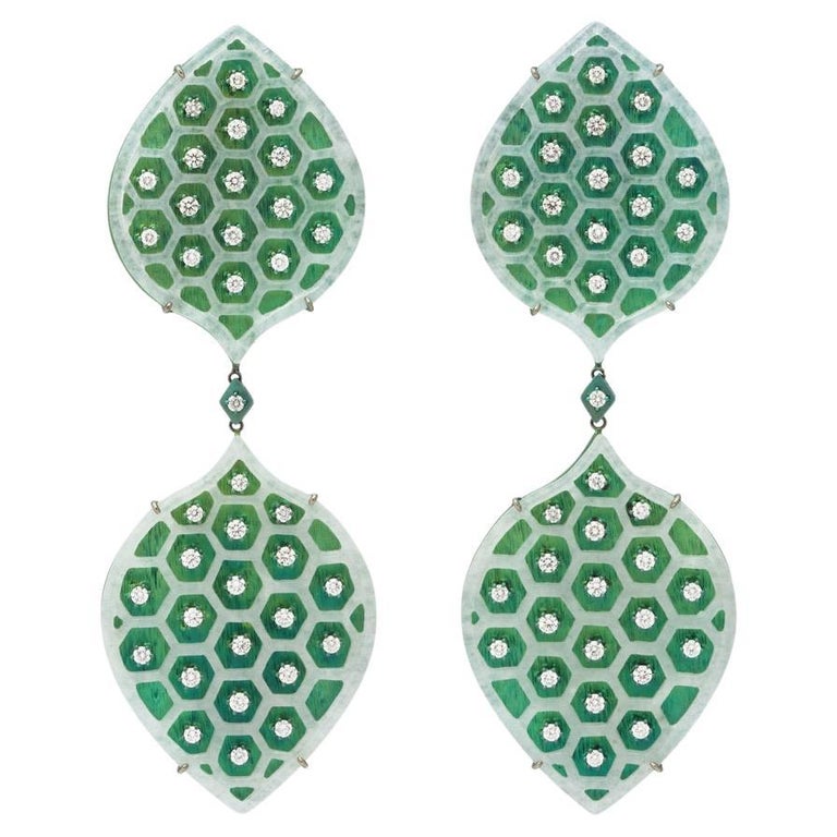 Michael Titanium Jade and Diamond Drop Earrings For Sale at 1stDibs