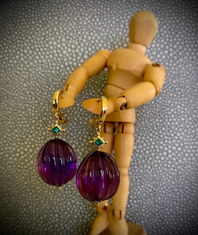 Michael Kneebone Emerald Amethyst Melon Carved Dangle Earrings For Sale ...