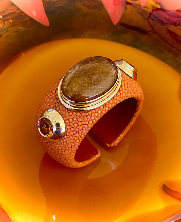 Michael Kneebone Rutilated Quartz Topaz 18K Gold Shagreen Cuff Bracelet ...