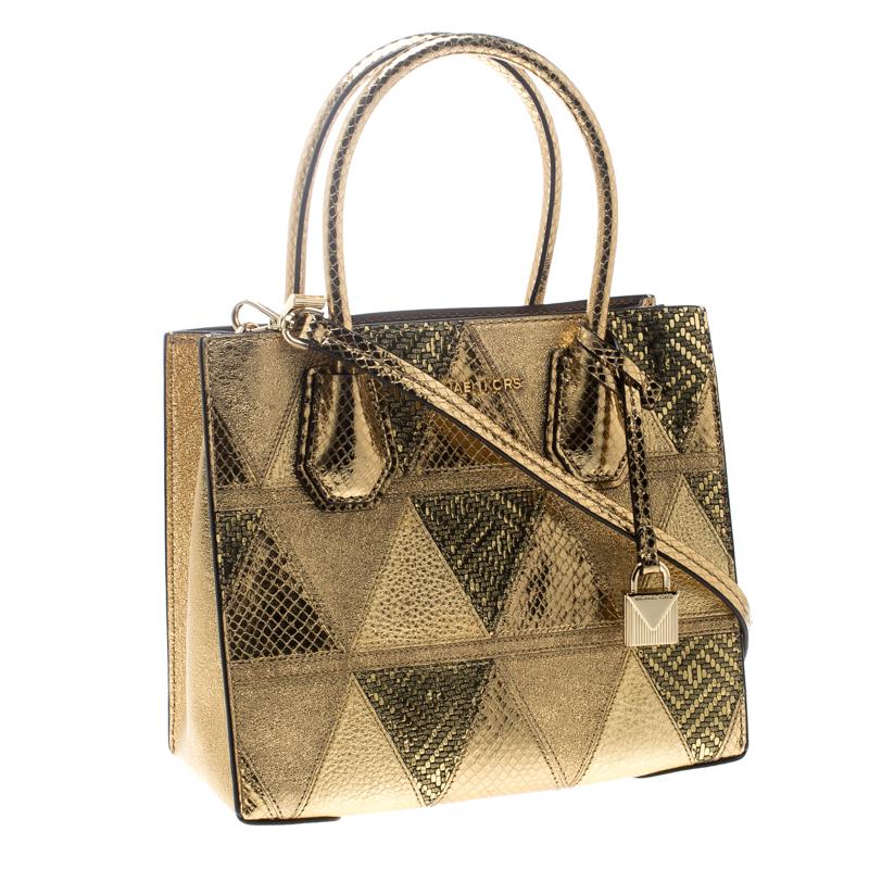 Michael Kors Gold Embossed Leather Patch Mercer Tote For Sale at 1stDibs