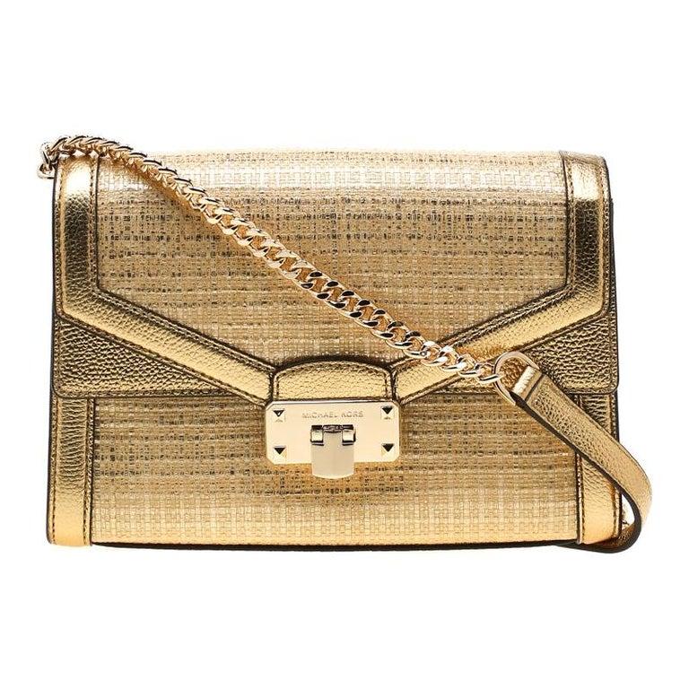 Michael Kors Gold Straw and Leather Medium Kinsley Shoulder Bag For ...