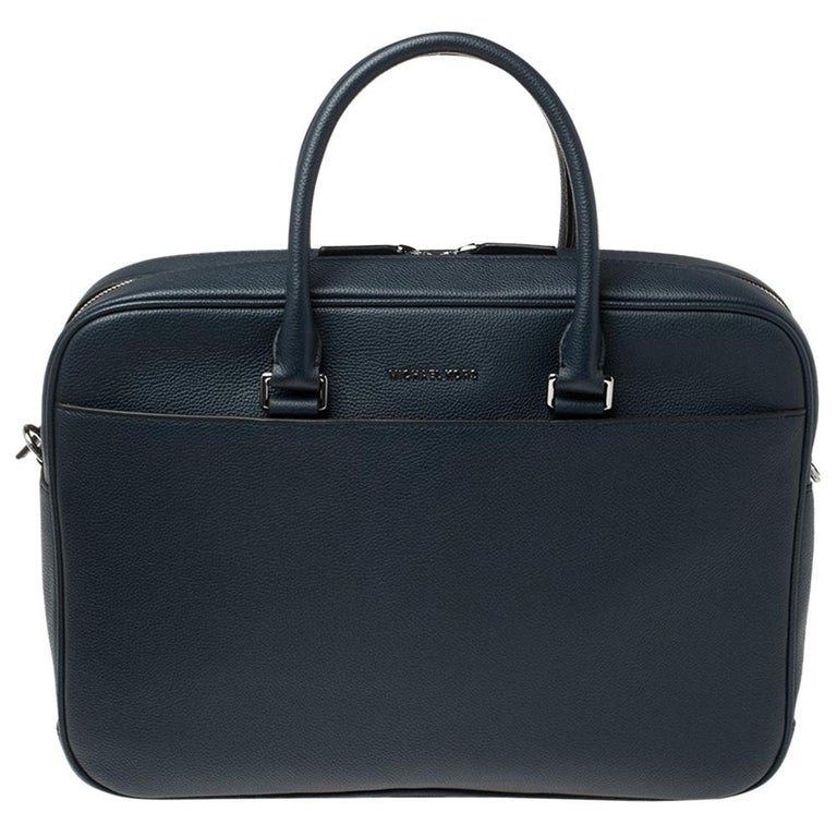 Michael Kors Navy Blue Leather Cooper Double Zip Casual Briefcase at ...