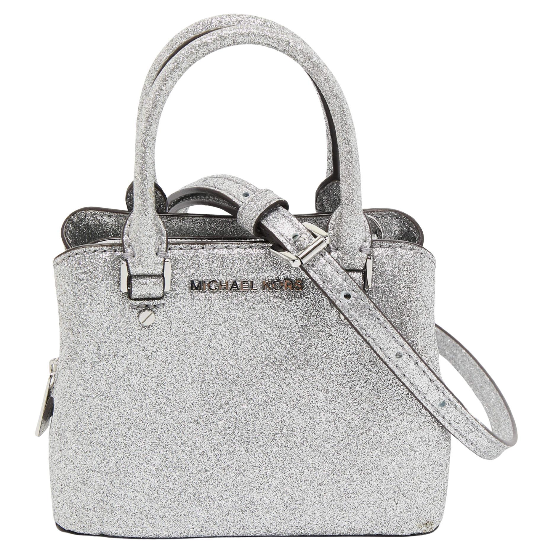 Michael Kors Silver Glitter Fabric XS Savannah Satchel For Sale at 1stDibs