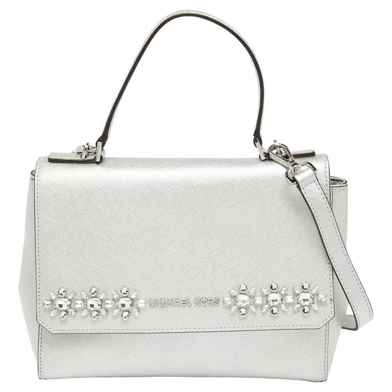 Michael Kors Silver Leather Small Ava Crystals Embellished Top Handle ...