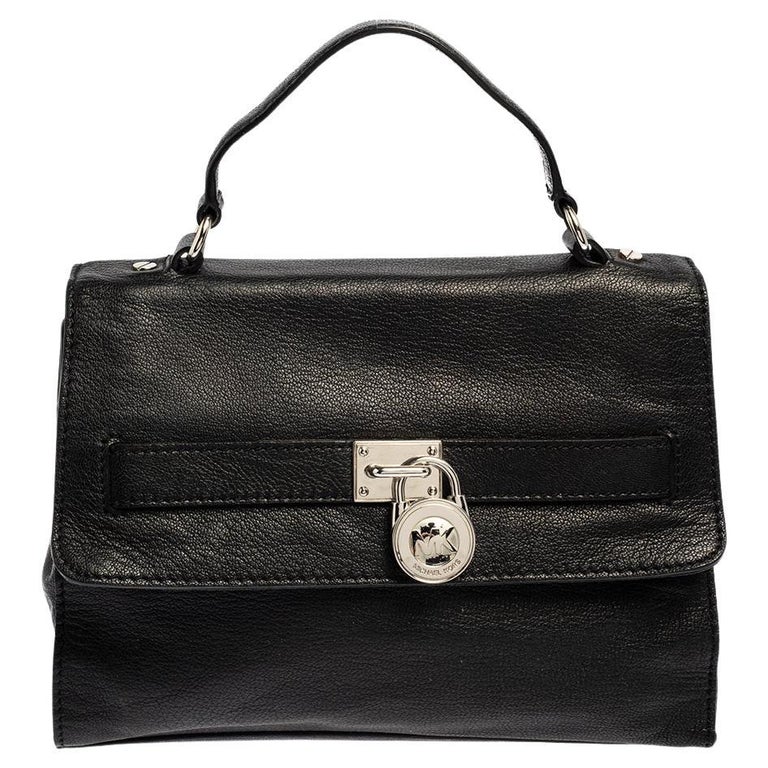 MICHAEL Michael Kors Black Pebbled Leather Padlock Flap Top Handle Bag ...
