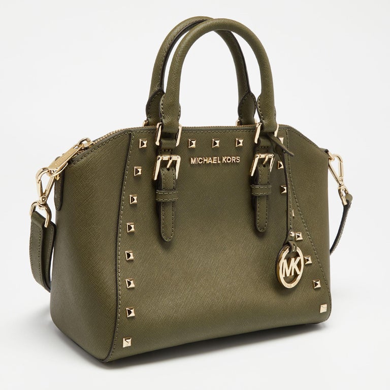 MICHAEL Michael Kors Olive Green Leather Studded Ciara Satchel For Sale ...
