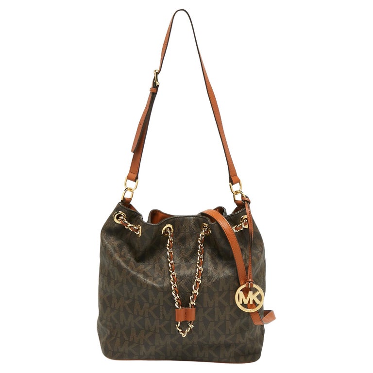 MICHAEL Michael Kors Signature Canvas and Leather Frankie Drawstring Bucket Bag For Sale at 1stDibs