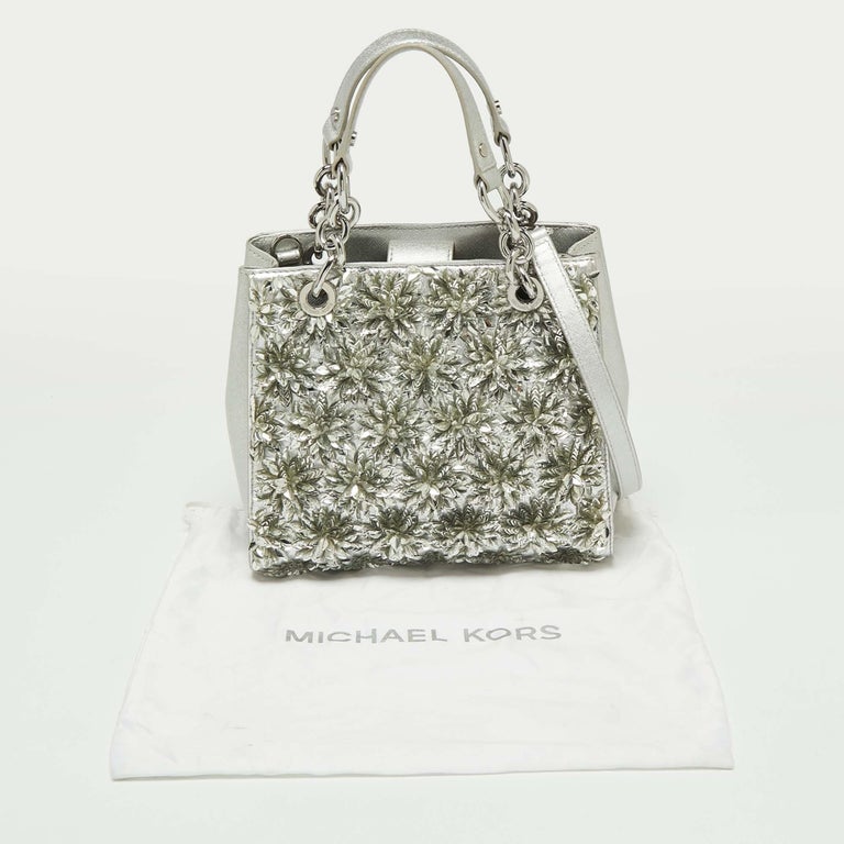 MICHAEL Michael Kors Silver Leather Floral Burst Tote For Sale at 1stDibs