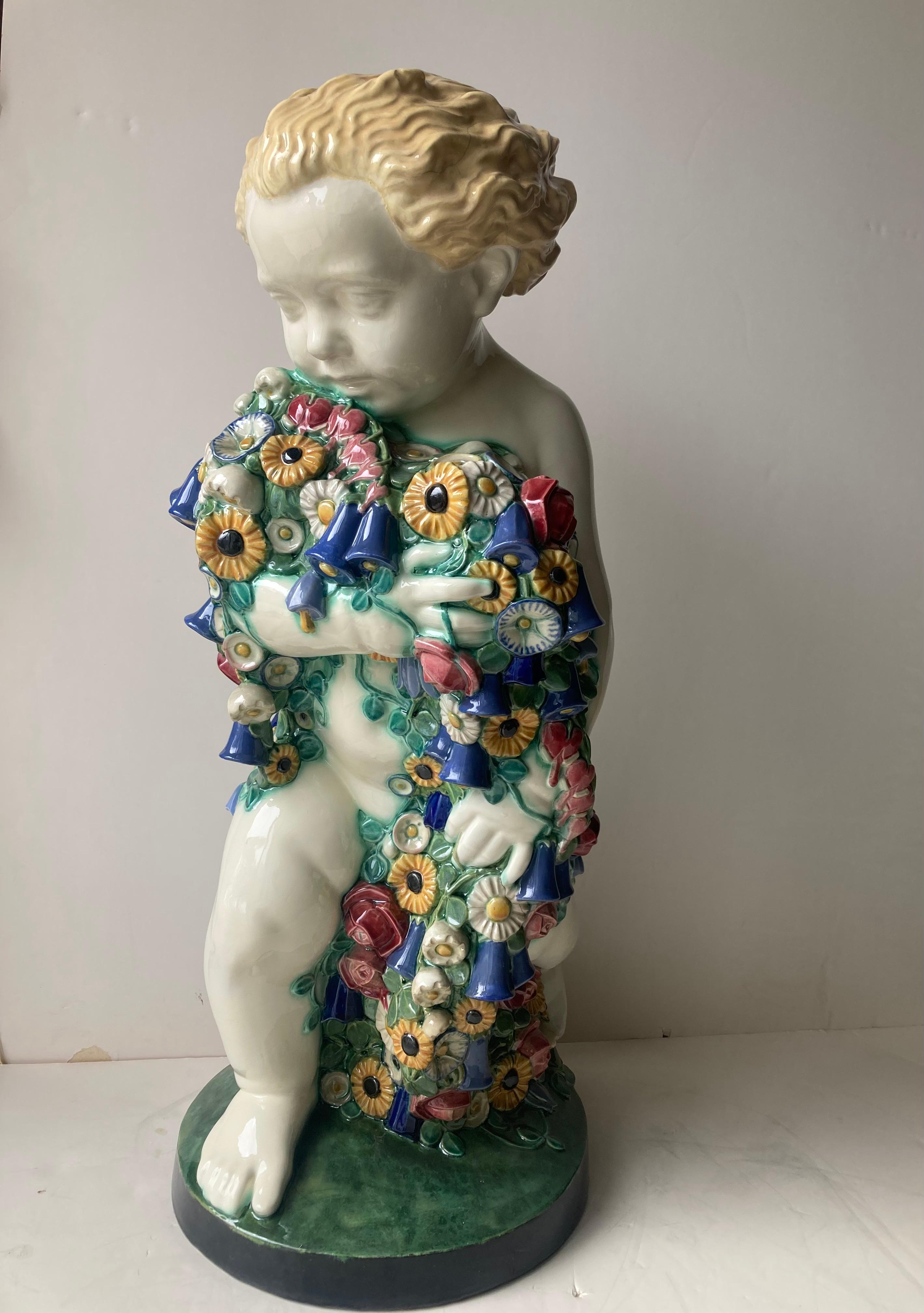 Michael Powolny ceramic pottery sculpture, large Putto "Spring" Winer ...