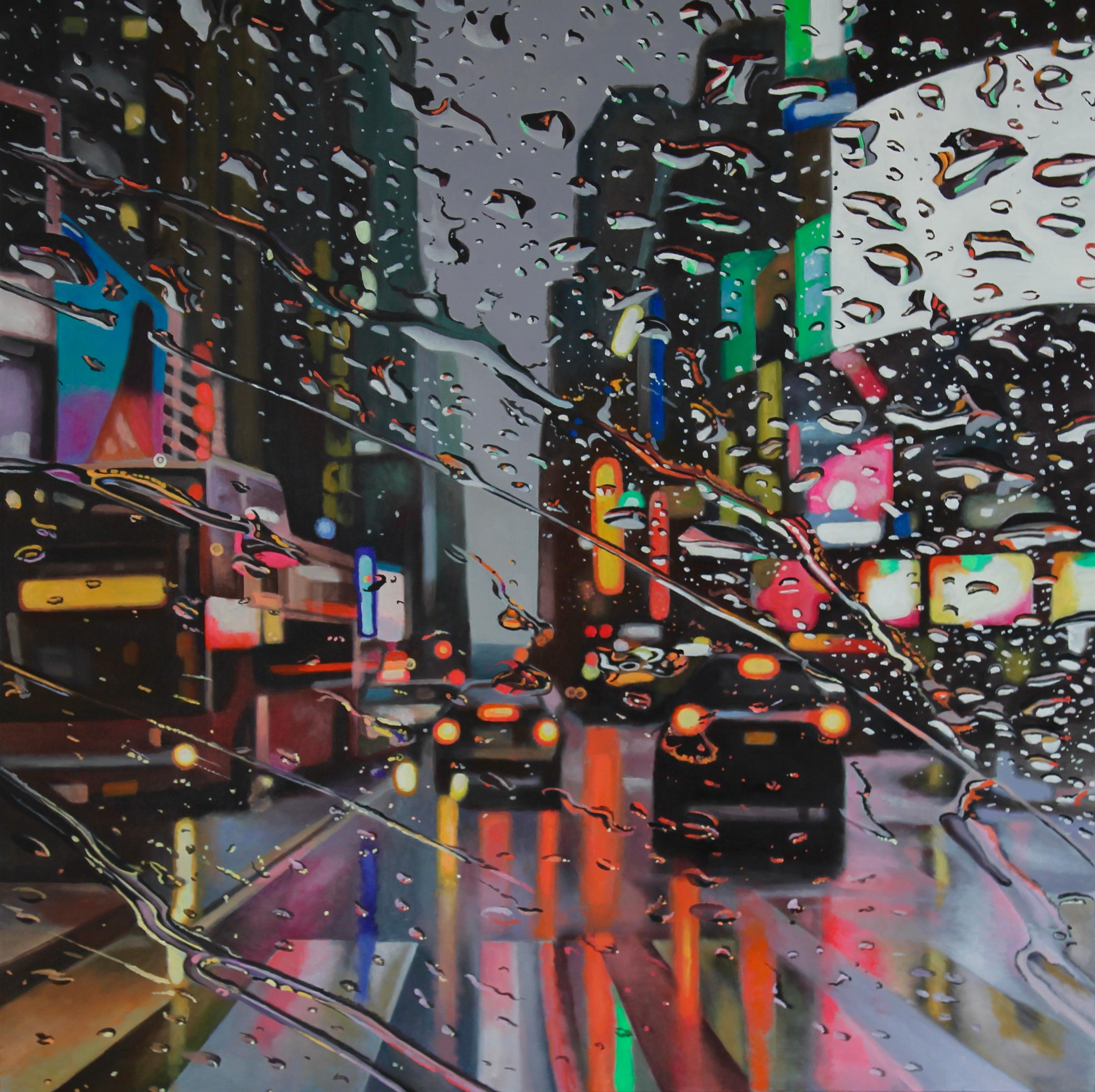 Michael Steinbrick - Neon Deluge - cityscape neon vibrant realism oil ...