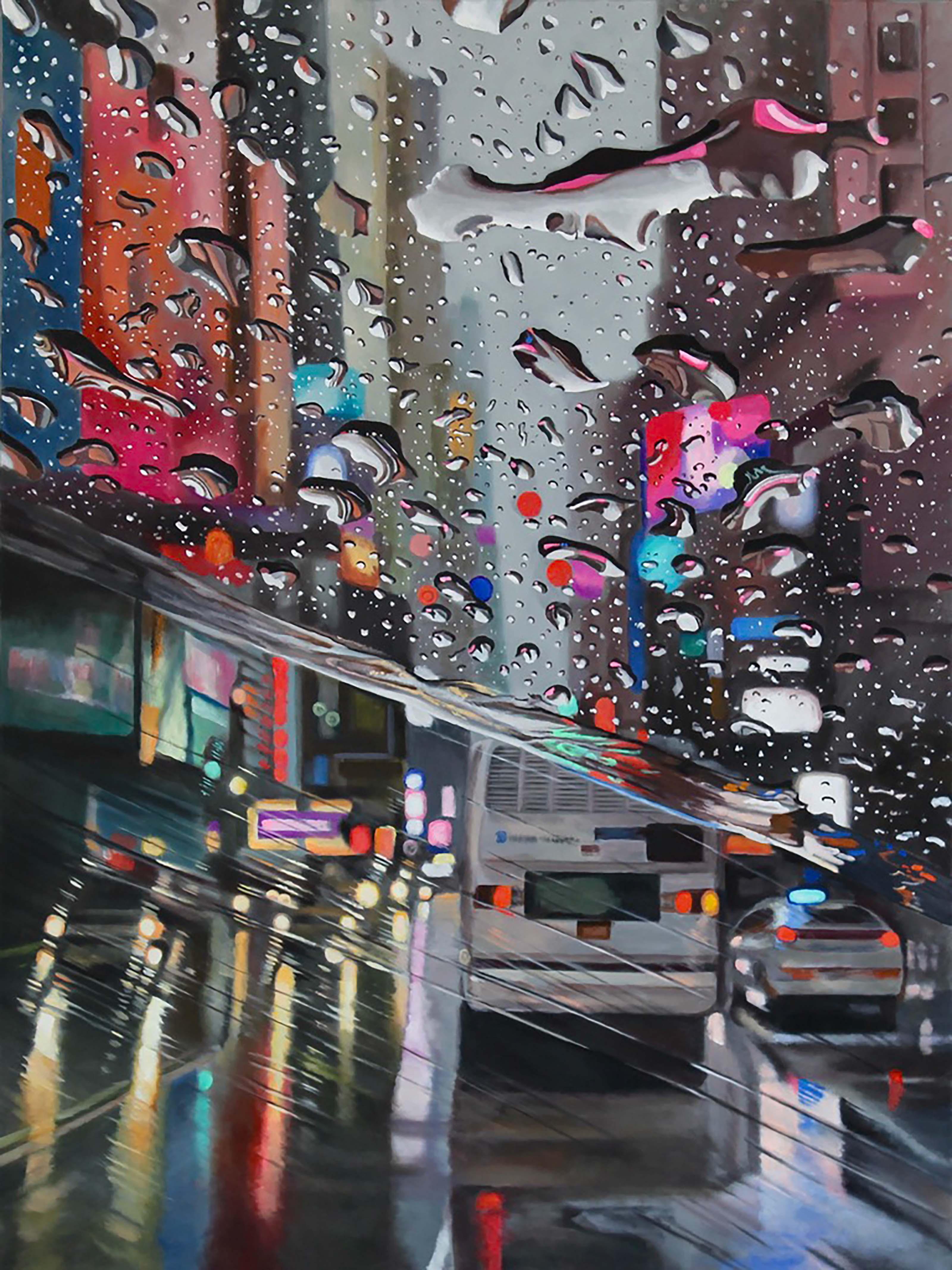 Michael Steinbrick - Neon Deluge - cityscape neon vibrant realism oil ...