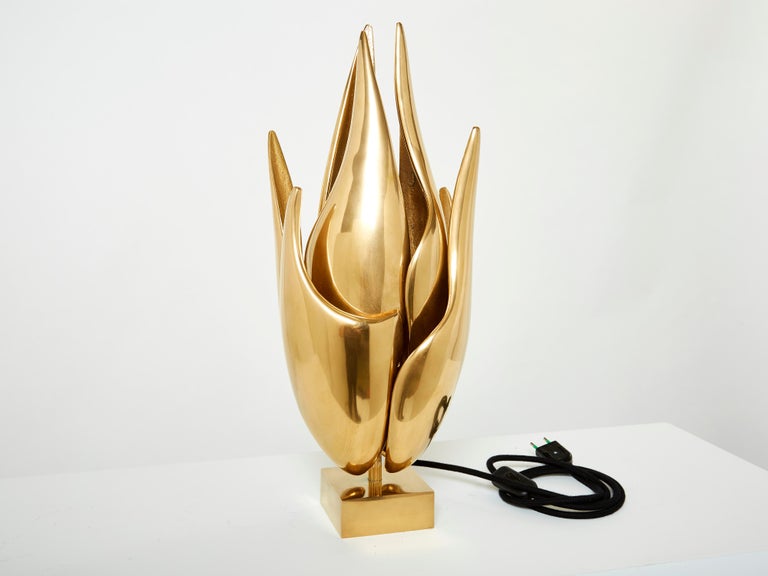 Michel Armand Gilt Bronze Modernist Flame Sculpture Table Lamp, 1970 ...