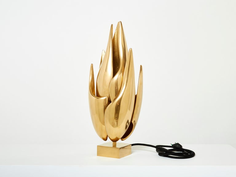 Michel Armand Gilt Bronze Modernist Flame Sculpture Table Lamp, 1970 ...