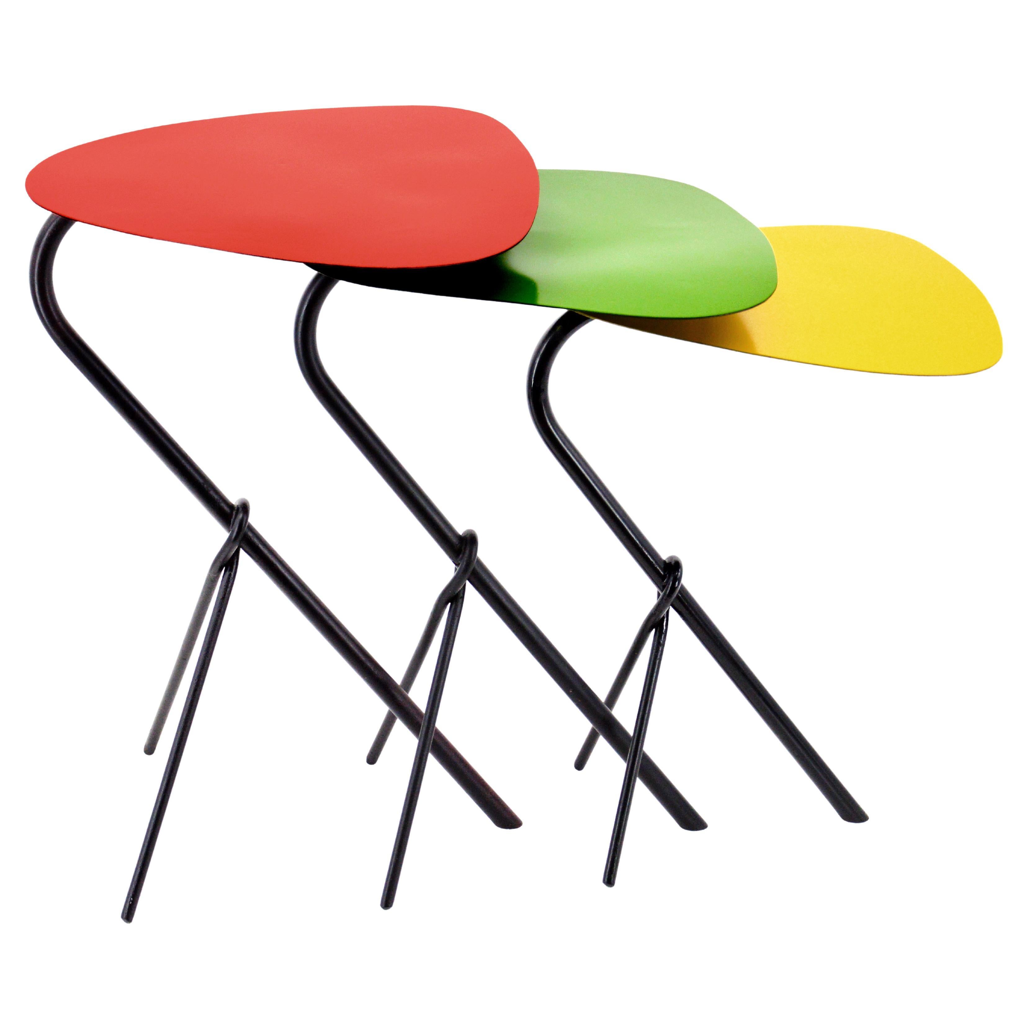 In The Style Of Jean Royere Witty 1950s Red Metal Nesting Tables at 1stDibs