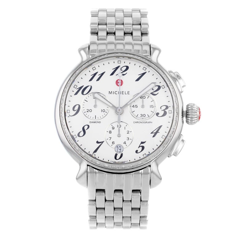 Michele Fluette Diamond Silver Dial Chronograph Steel Ladies Watch ...