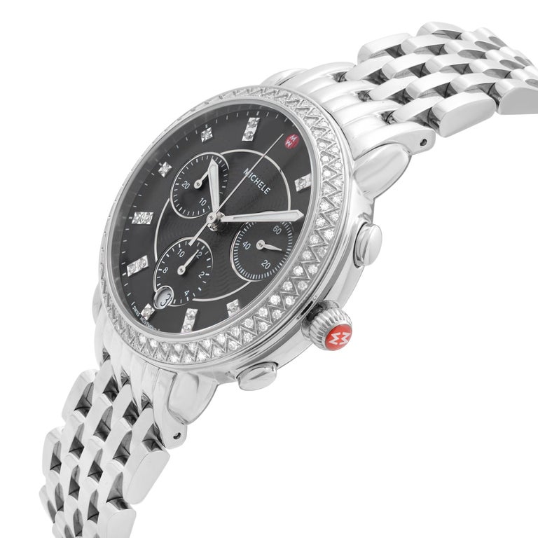 Michele Sidney Diamond Bezel Steel Black Dial Quartz Ladies Watch ...