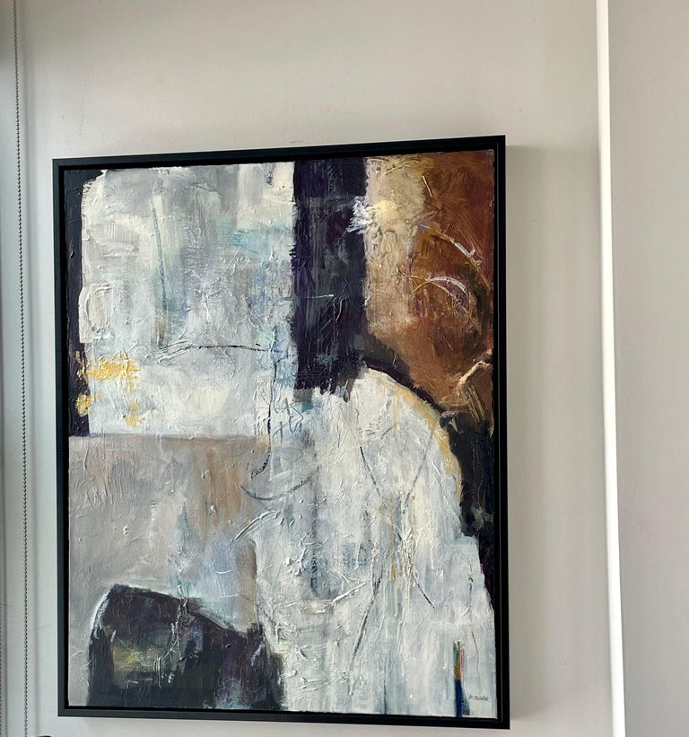 Abstract Painting titled Close the Divide in neutral colors and gold ...