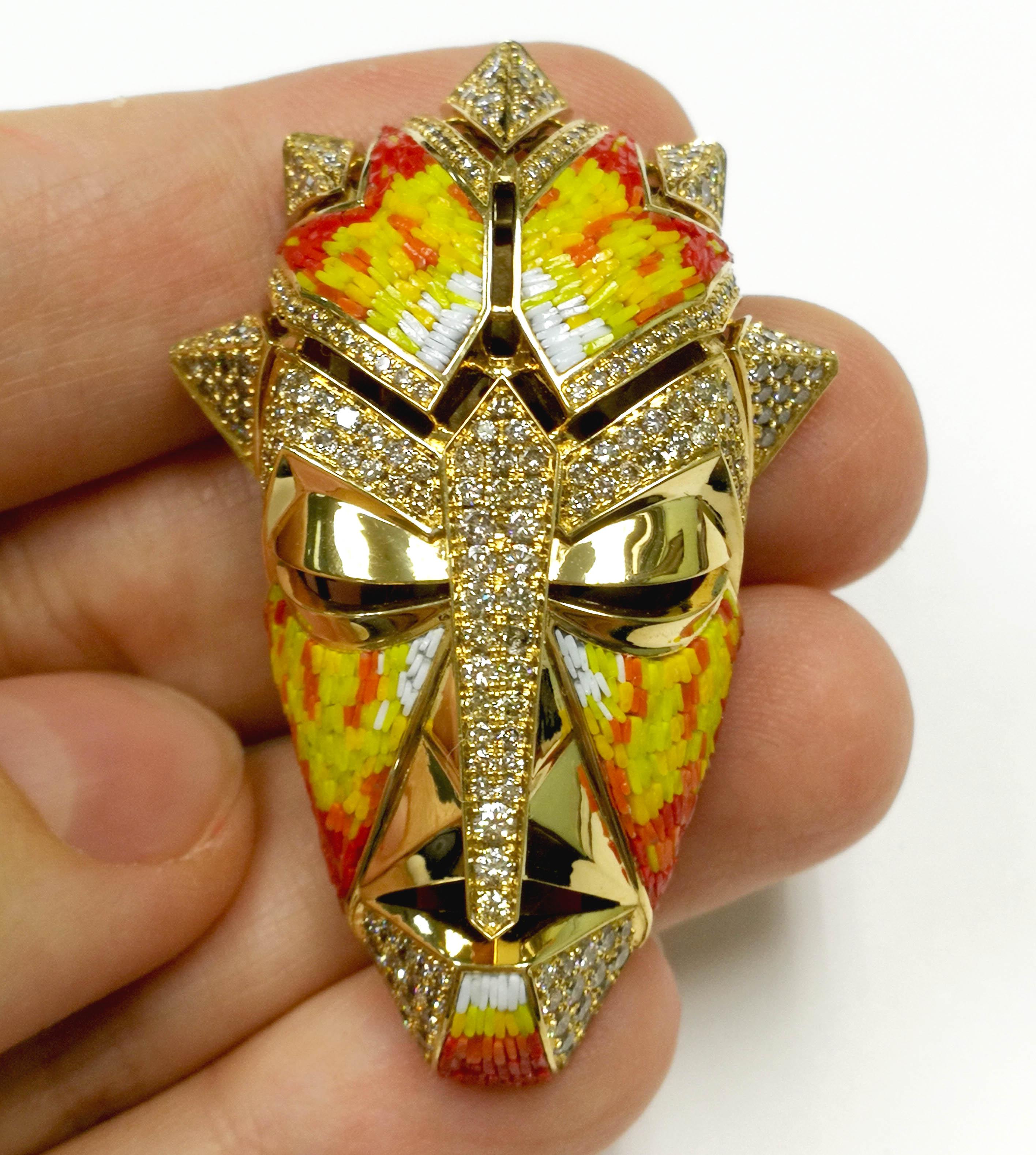 Micromosaic Champagne Diamonds 18 Karat Yellow Gold Shaman Mask Brooch ...