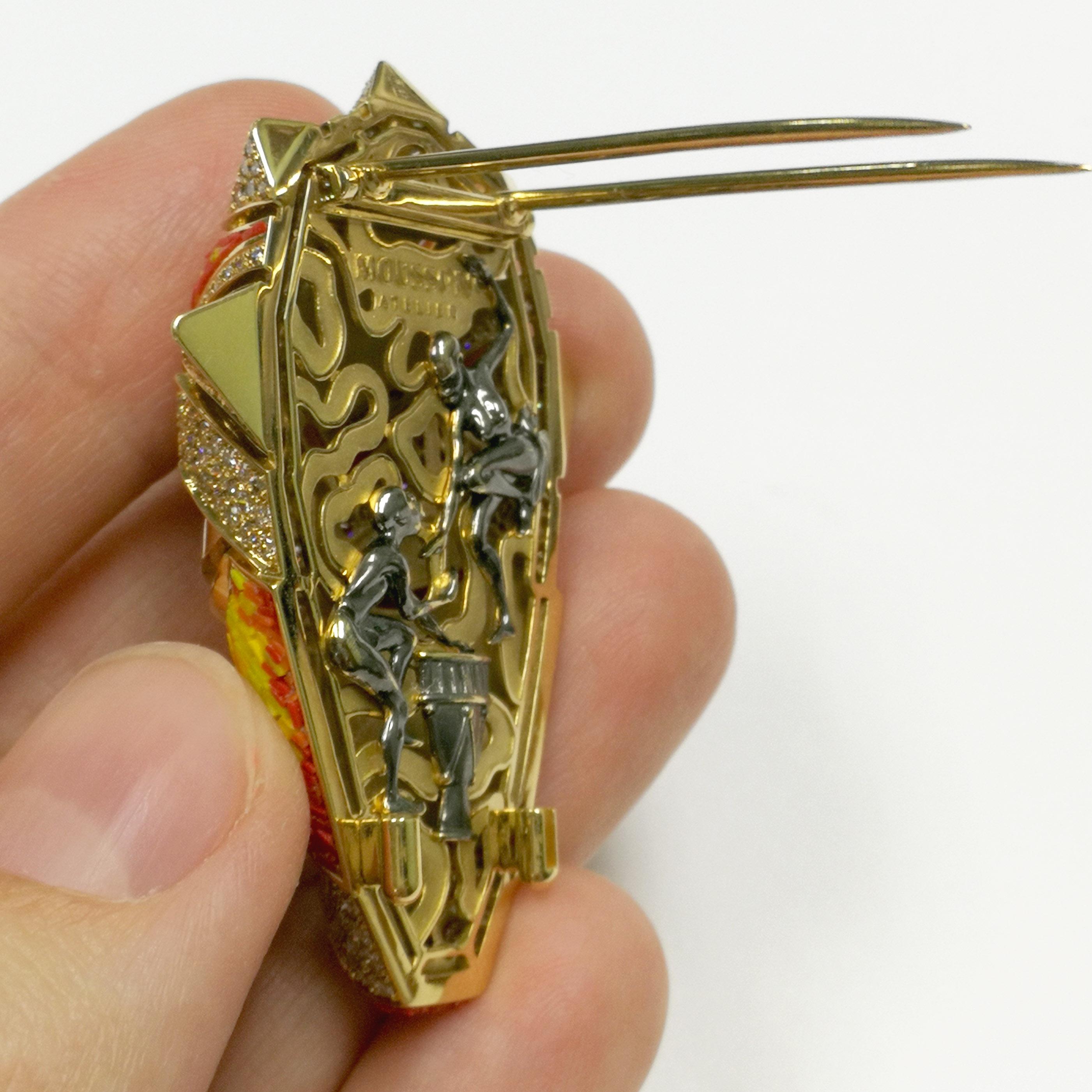 Micromosaic Champagne Diamonds 18 Karat Yellow Gold Shaman Mask Brooch ...