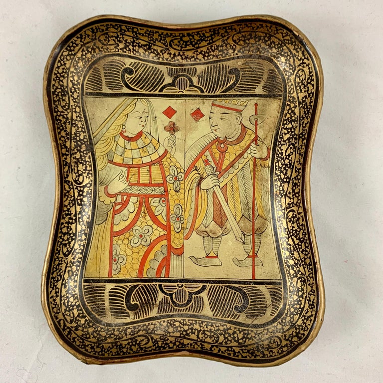 English Lacquer Papier-Mâché King and Queen Card Counter Trays, Pair ...