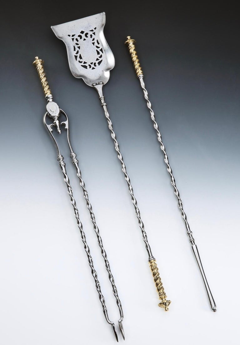 Mid - 19th Century Antique Set of Long Steel Fire Tools For Sale at 1stDibs