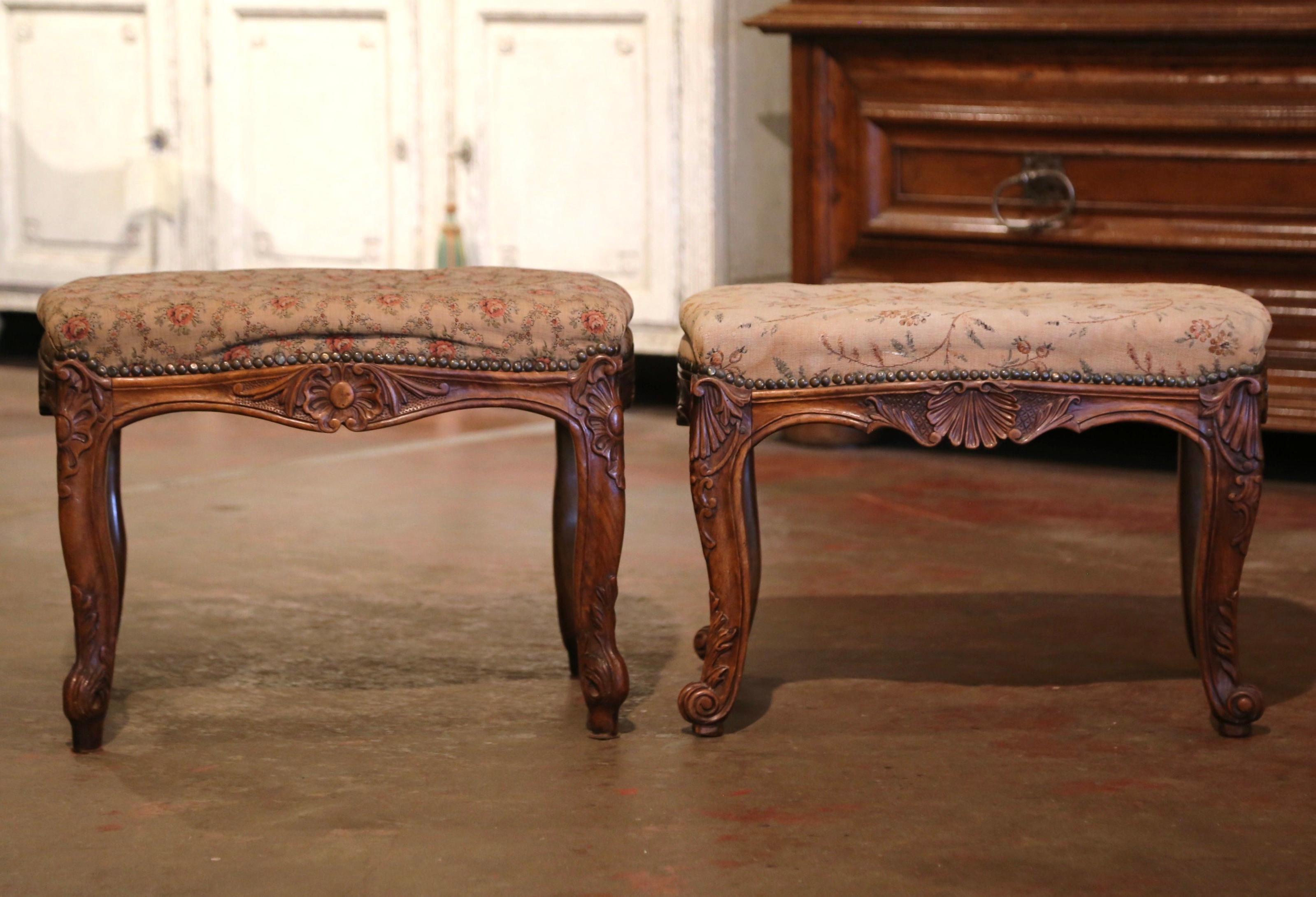 Mid-19th Century, French, Louis XV Carved Walnut Stools from Lyon, Set ...
