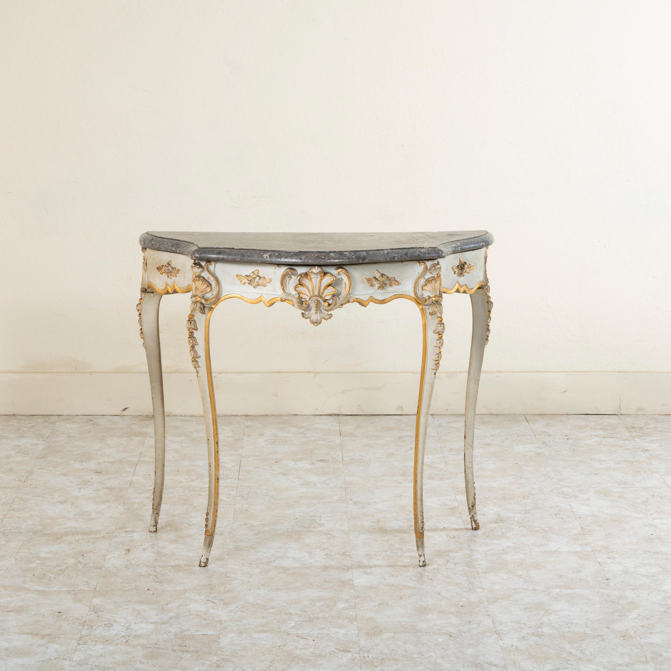 19th Century French Louis XV Style Painted Hand-Carved Console Marble ...