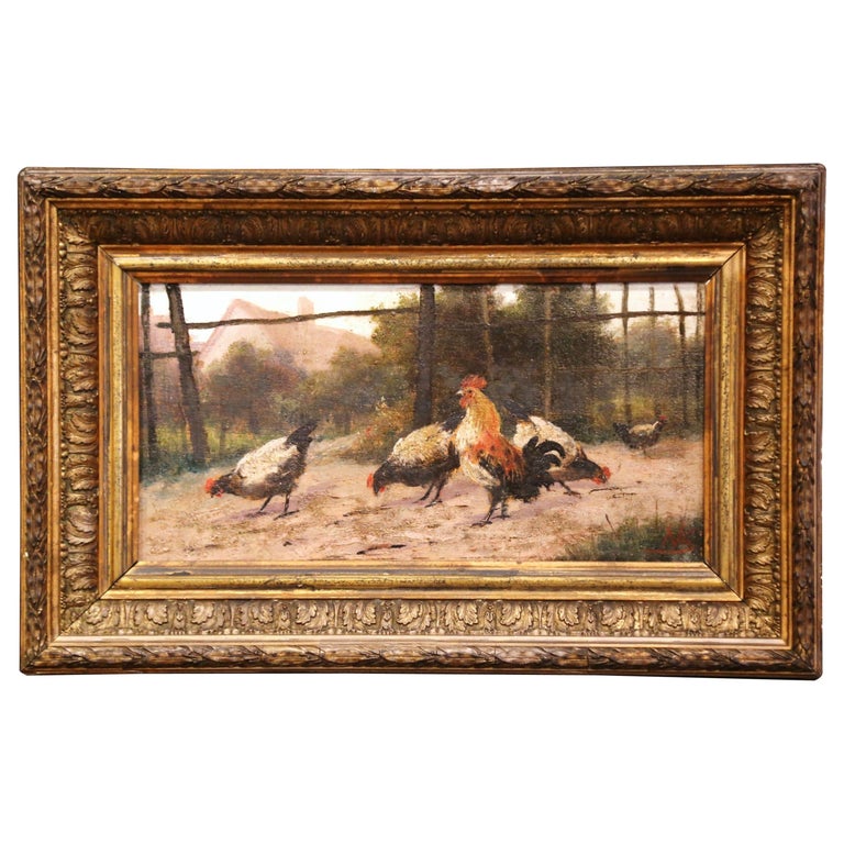 Mid-19th Century French Oil on Board Chicken Painting in Carved Gilt ...