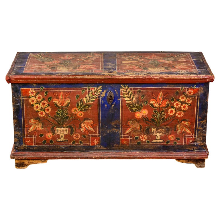 Mid 19th Century Hand Painted Romanian Painted Trunk For Sale at 1stDibs