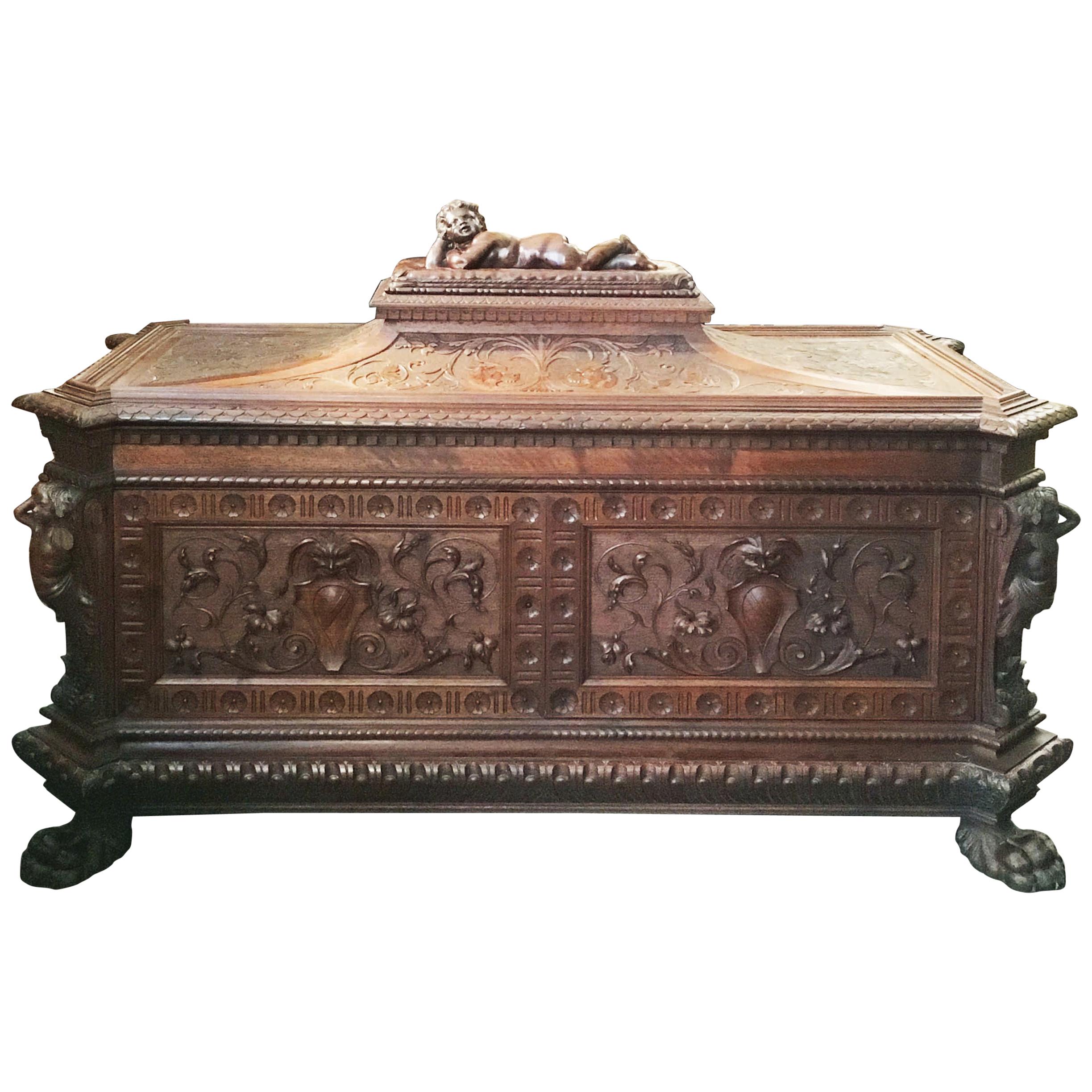 Mid-19th Century Italian Renaissance Revival Carved Walnut Chest at 1stDibs