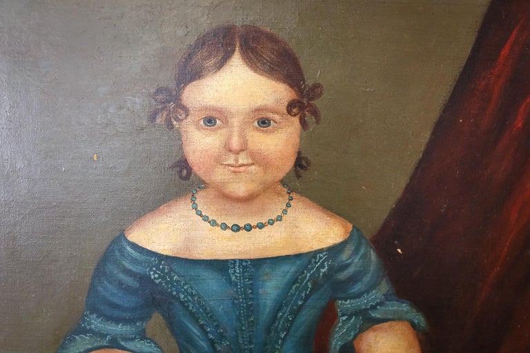 Mid-19th Century Naive Girl and Cat Portrait at 1stDibs