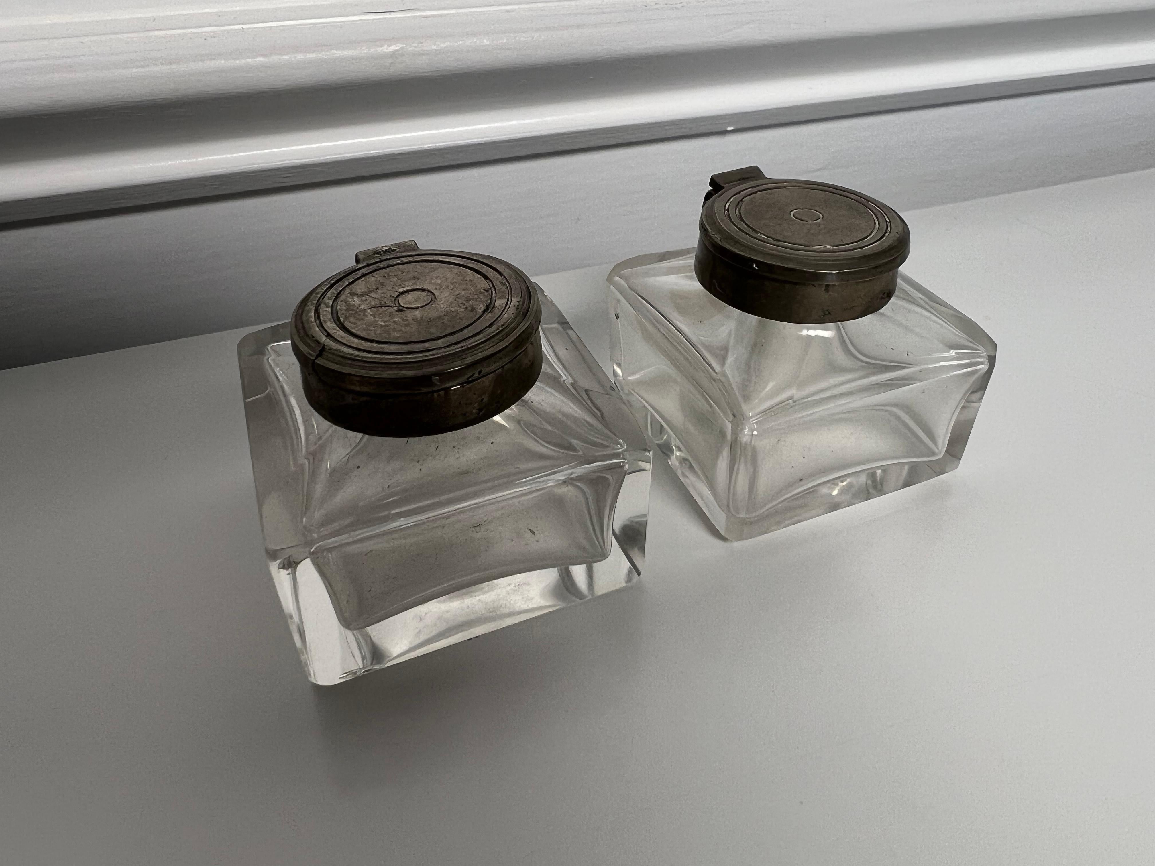 Mid 19th Century Pair of English Inkwells with Silver Plated Hinged ...