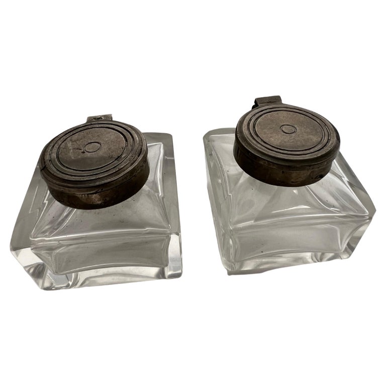 Mid 19th Century Pair of English Inkwells with Silver Plated Hinged ...