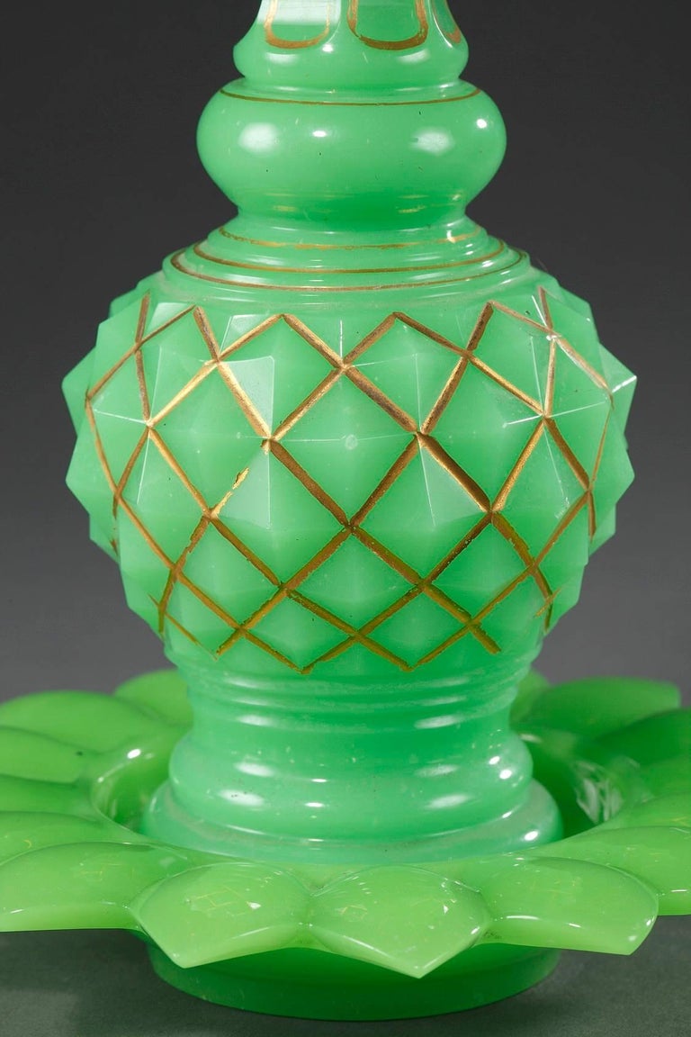Mid-19th Century Pair of Green Opaline Flasks For Sale at 1stDibs