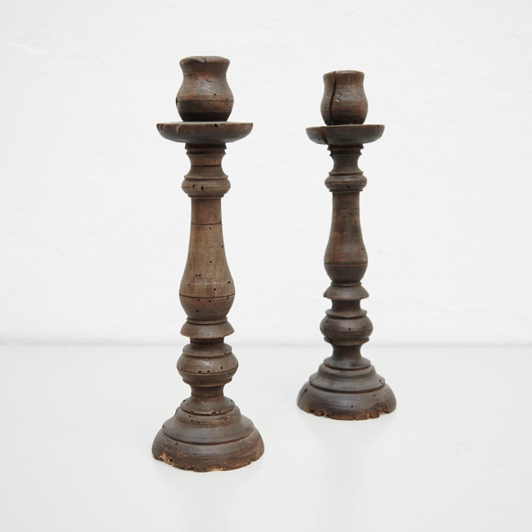 Mid-19th Century Pair of Popular Traditional Rustic Wood Candlesticks ...