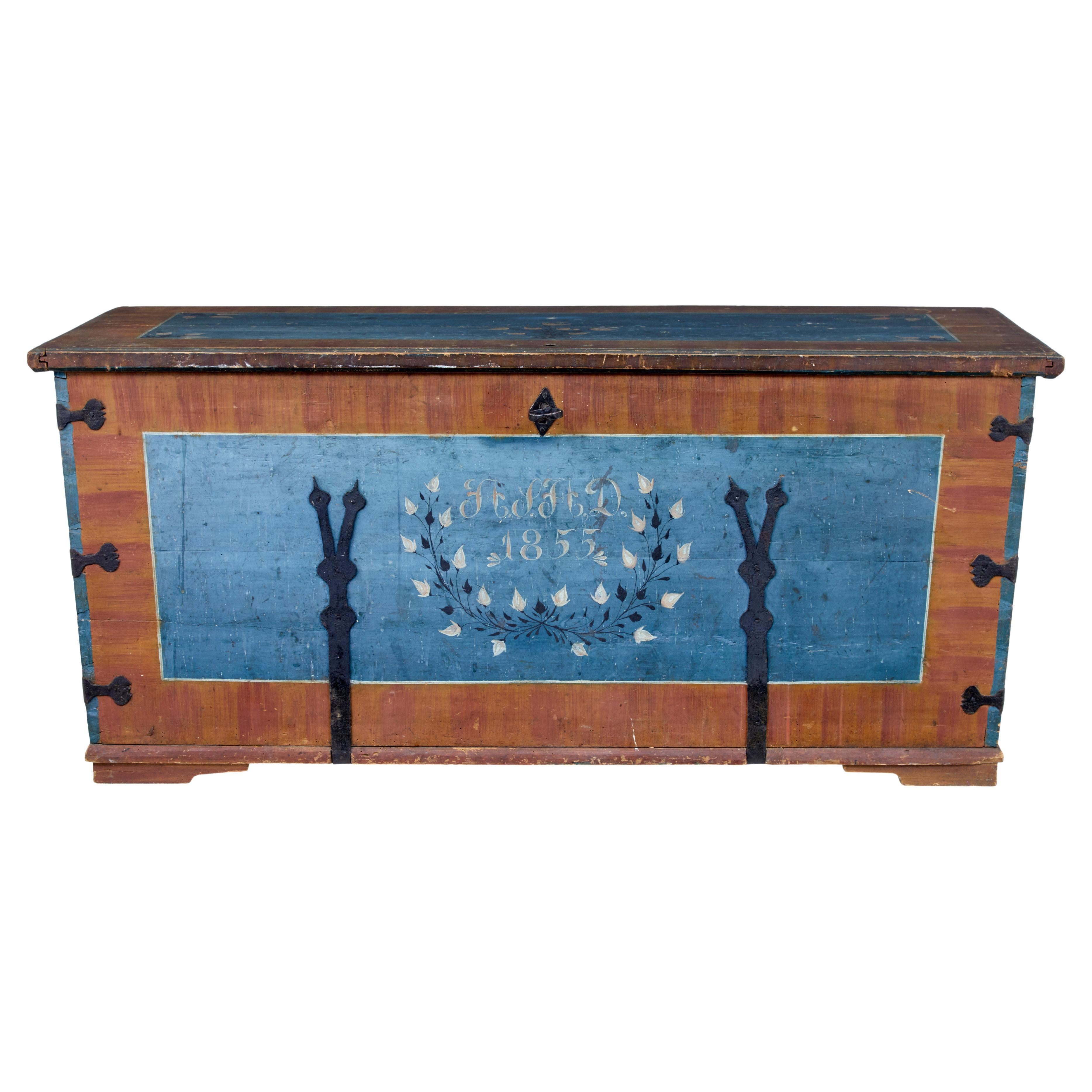 Antique 19th Century Painted Coffer Box Marriage Chest For Sale at 1stDibs