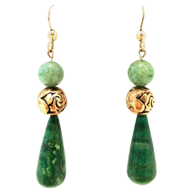 Mid-20th Century 14-K Gold and Jade Drop Earrings at 1stDibs