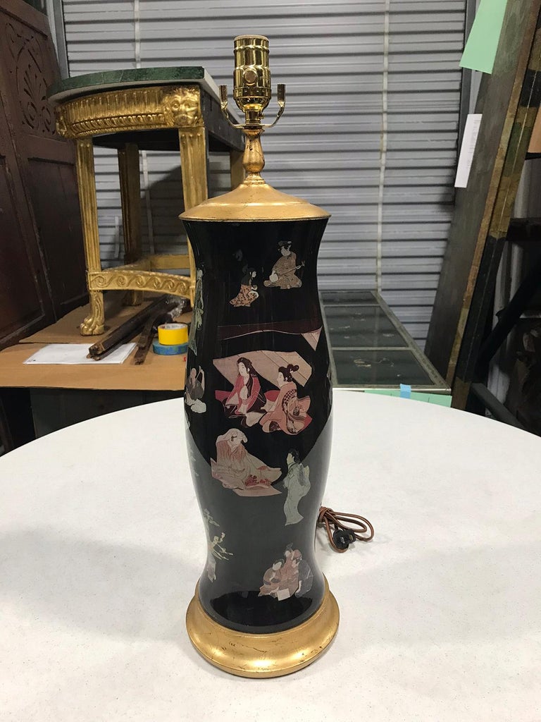Mid-20th Century Black Decoupage Lamp on Custom Giltwood Base For Sale ...