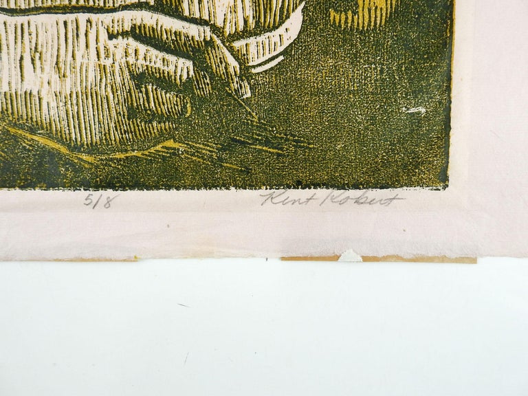 Mid 20th Century Block Print Portrait Redhead Woman in Olive Green Suit ...