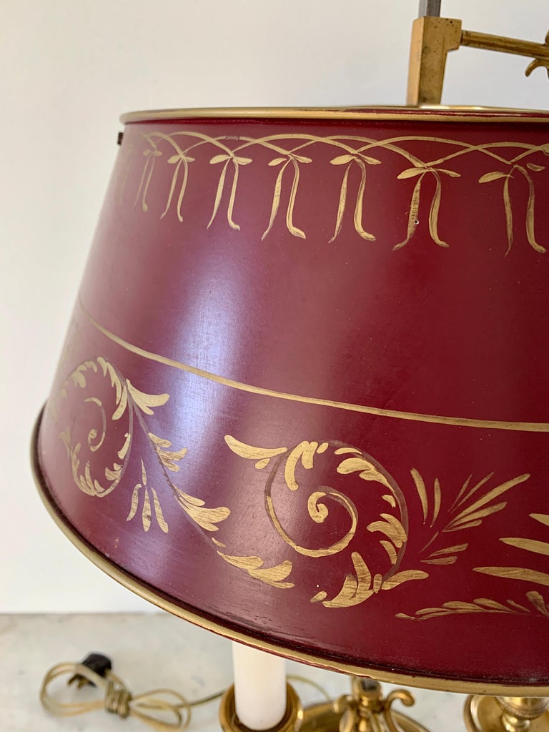 Mid-20th Century Brass Three-Arm Bouillotte Lamp With Red Tole Shade ...