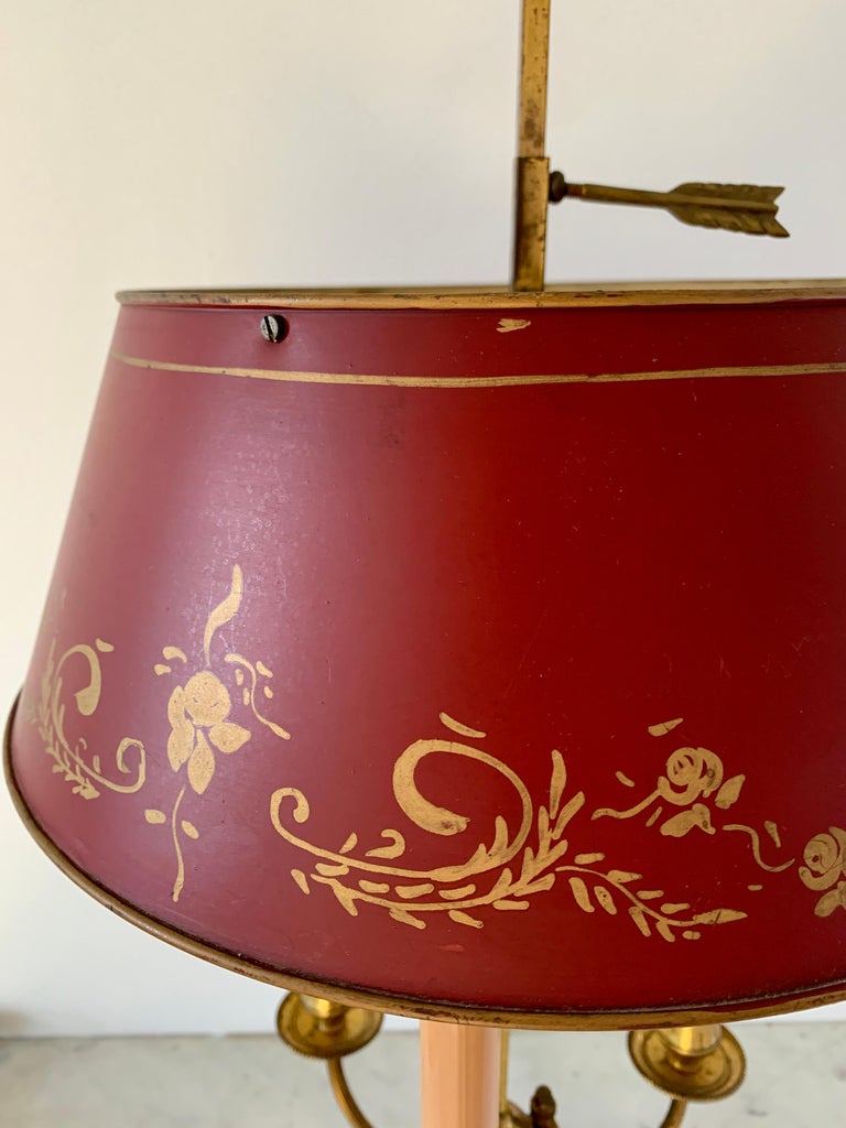 Mid-20th Century Brass Three-Arm Bouillotte Lamp with Red Tole Shade ...