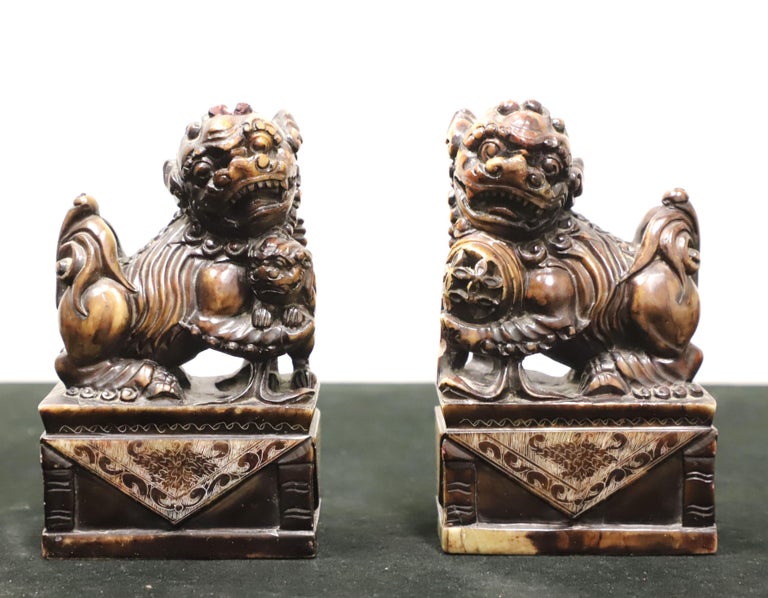 Mid 20th Century Carved Soapstone Sculptures Chocolate Colored Foo Dogs ...