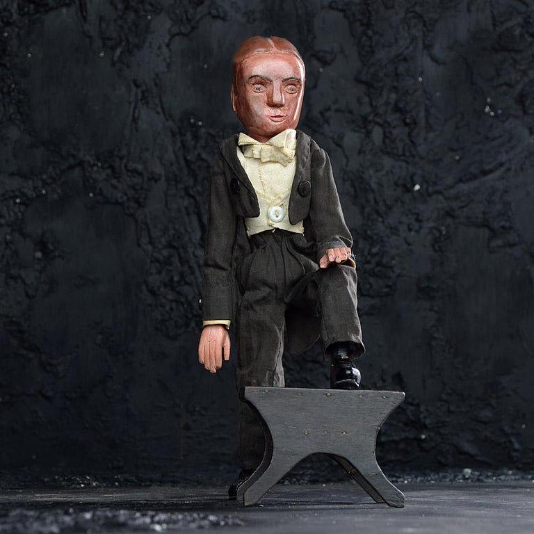 Mid-20th Century Carved Wooden Puppet and Stool For Sale at 1stDibs