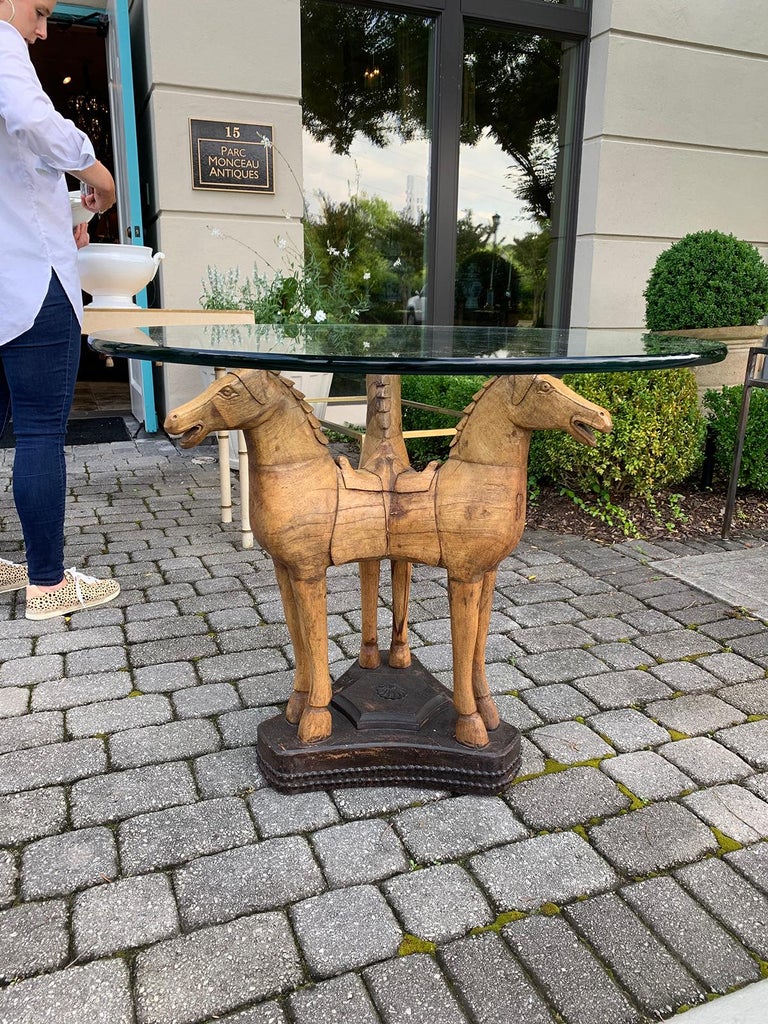 Mid-20th Century Center Table with Pedestal of Three Carved Horses ...